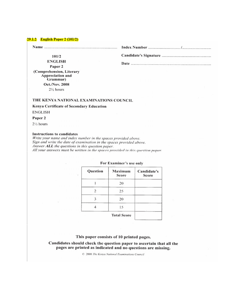 2008 KCSE -English Pp2 Questions | PDF