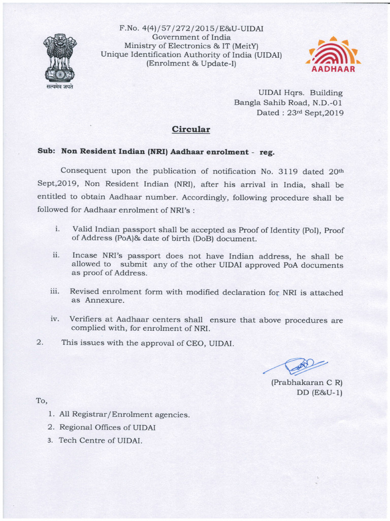 NRI Aadhaar Enrolment 23092019 | PDF | Identity Document | Privacy