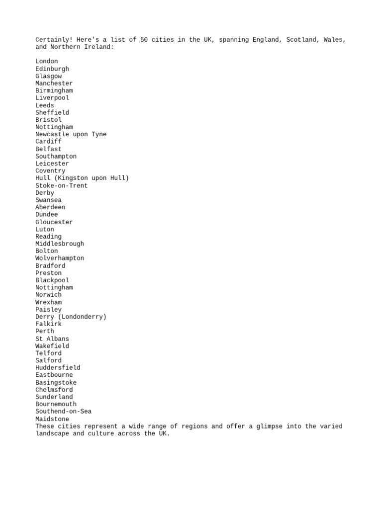 50 Cities Across the UK: A Comprehensive List | PDF