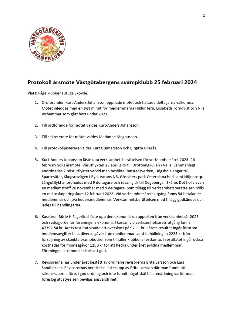 Protokoll VBSK Årsmöte 2024 | PDF