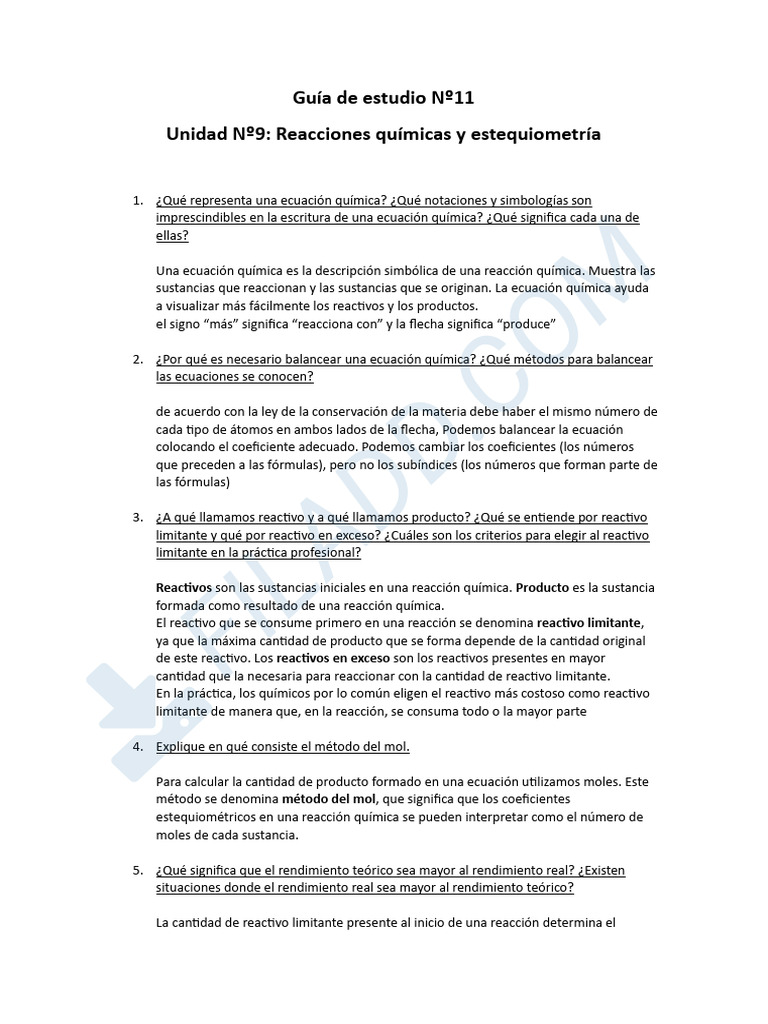 Guia de Estudio N11 | PDF | Reacciones químicas | Compuestos químicos