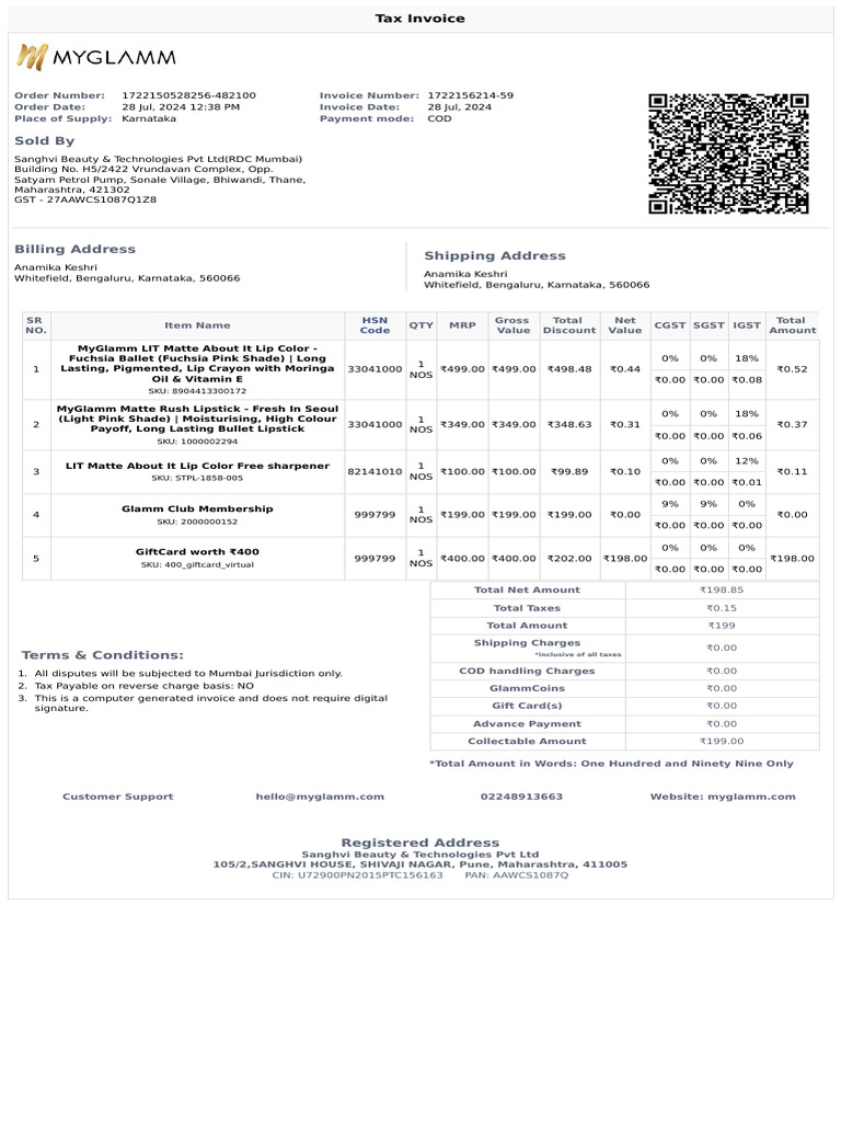 Tax Invoice for MyGlamm Products | PDF | Payments | Taxes