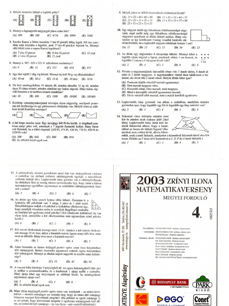 Zrínyi Matematikaverseny, Feladatok 4. Oszt. 2003 - 2020 (Hiányzik 2009 - 2011) | PDF