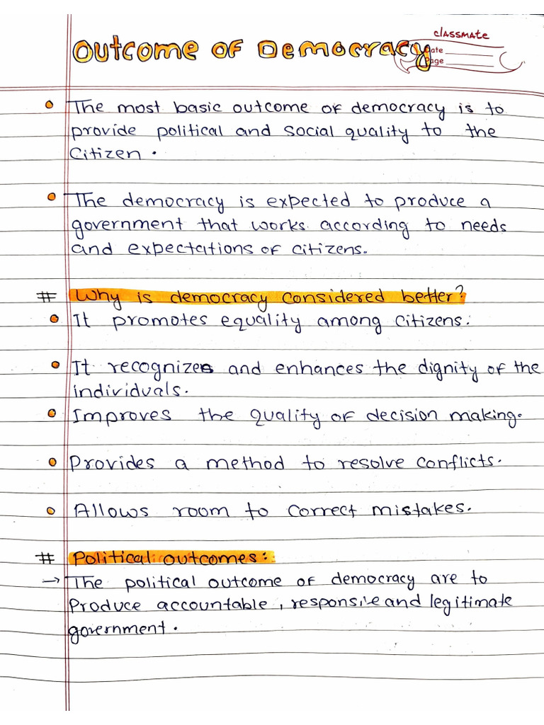 Outcomes of Democracy Notes | PDF