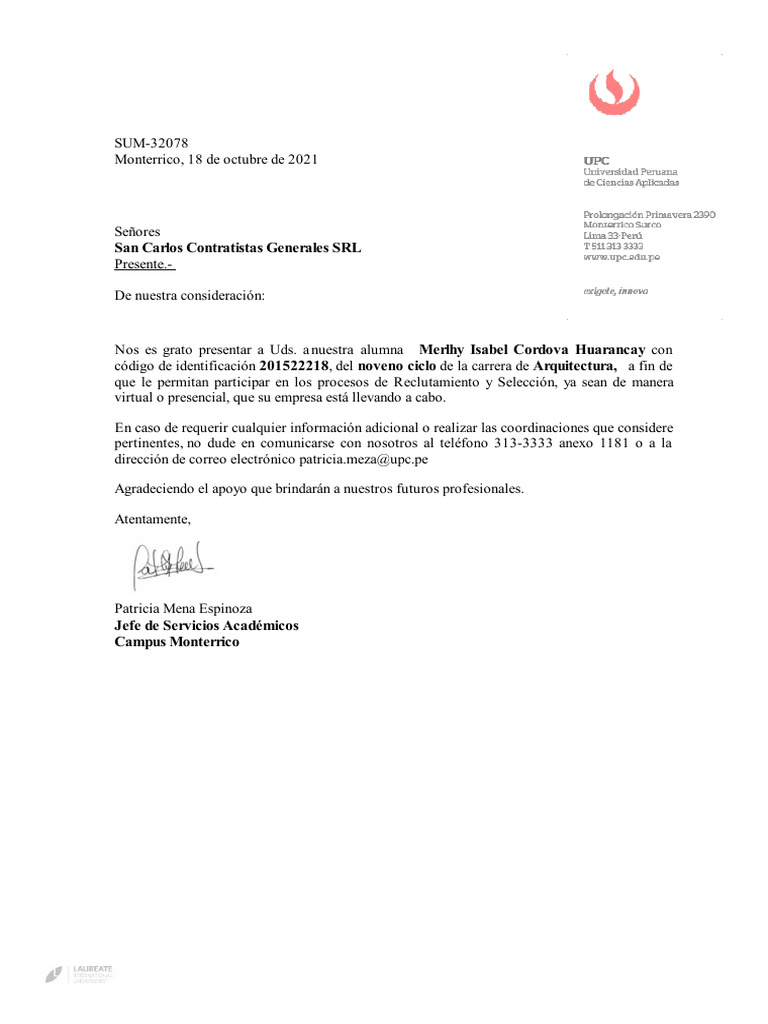 UPC-Carta de Presentación-Merlhy Isabel Cordova Huarancay | PDF