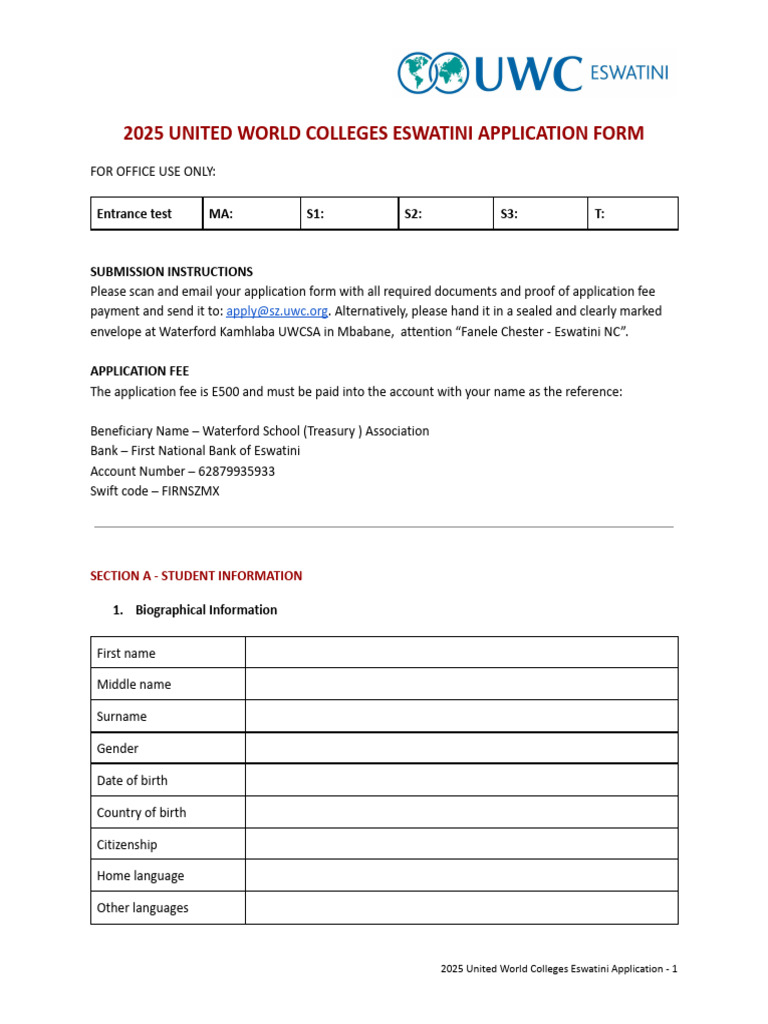 2025 Uwc Eswatini Application Form 1.344607393 | PDF