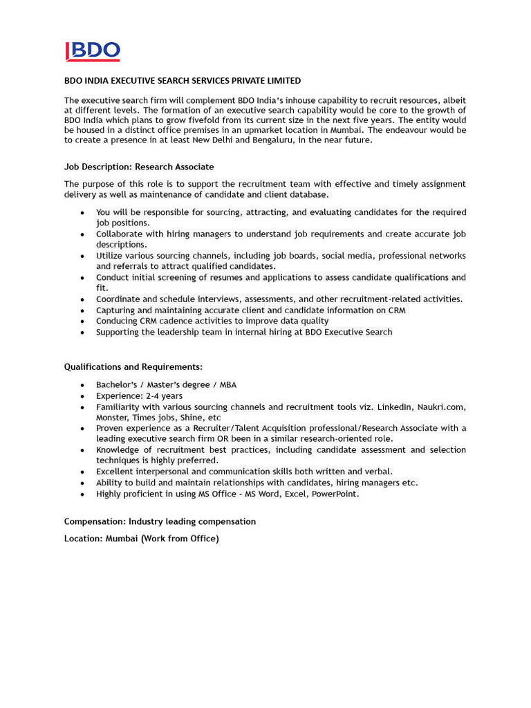 JD - BDO Executive Search - Research Associate | PDF