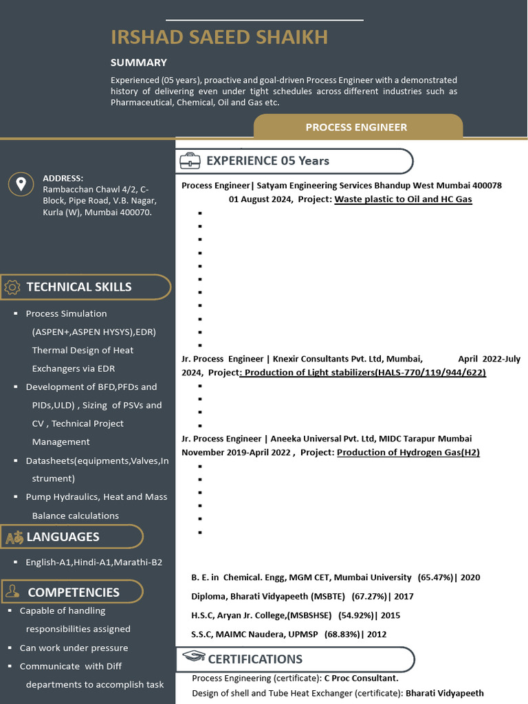 IRSHAD RESUME 05 - PROCESS ENGINEER | PDF | Gases | Chemical Engineering