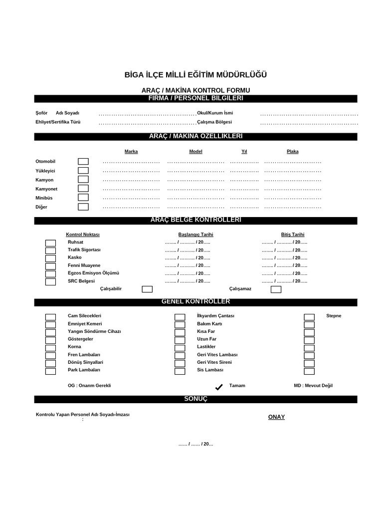 Arac Kontrol Formu 1 | PDF