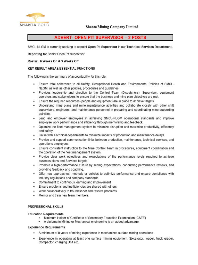 Advert - Open Pit Supervisor | PDF | Occupational Safety And Health ...