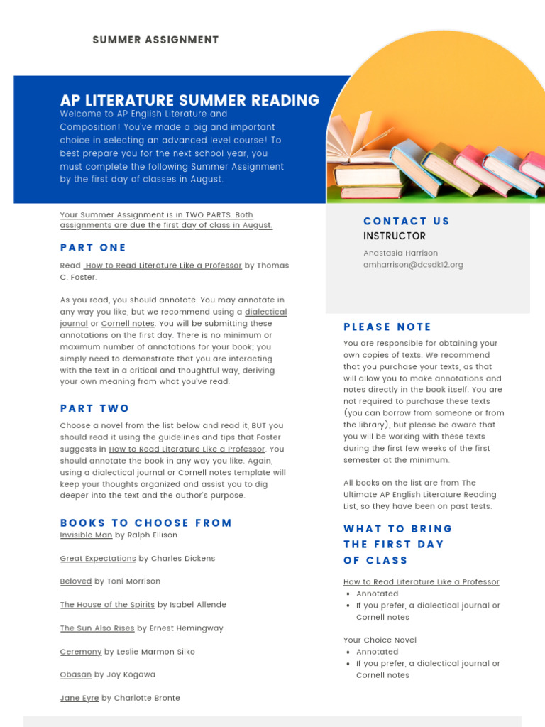 AP Lit SUMMER ASSIGNMENT2024-25 | PDF