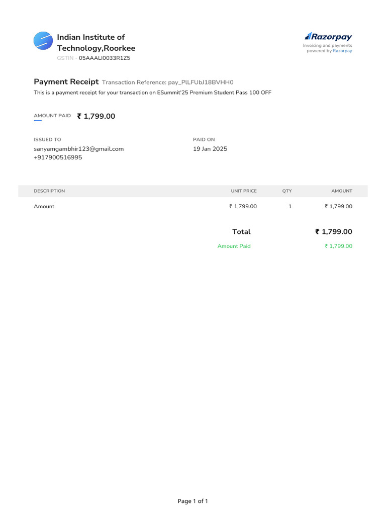 Receipt Pay - PlLFUbJ18BVHH0 From Indian Institute of Technology ...