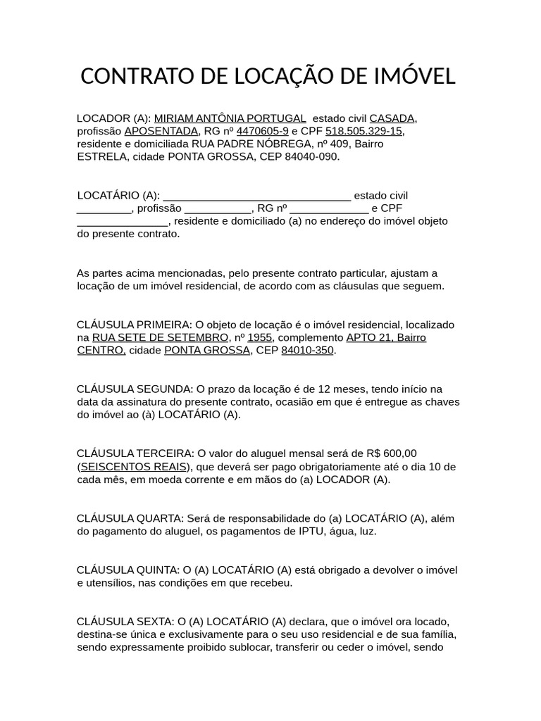 Contrato Simples de Locação Residencial | PDF | Aluguel