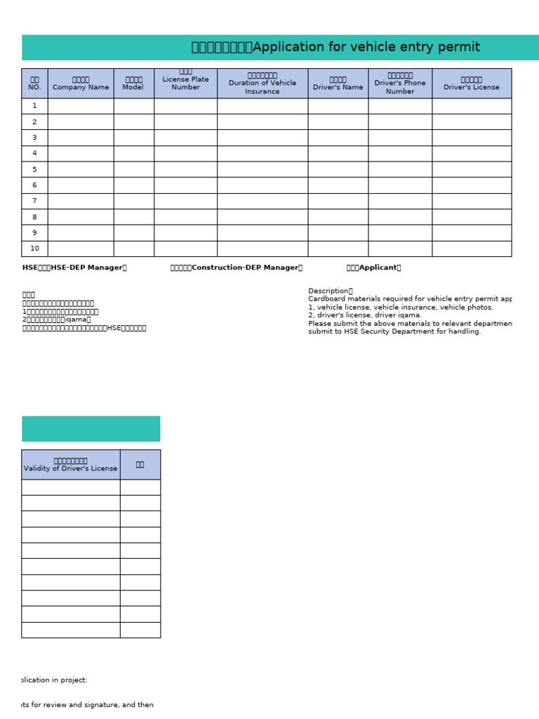 车辆进门证申请表Application for Vehicle Entry Permit | PDF