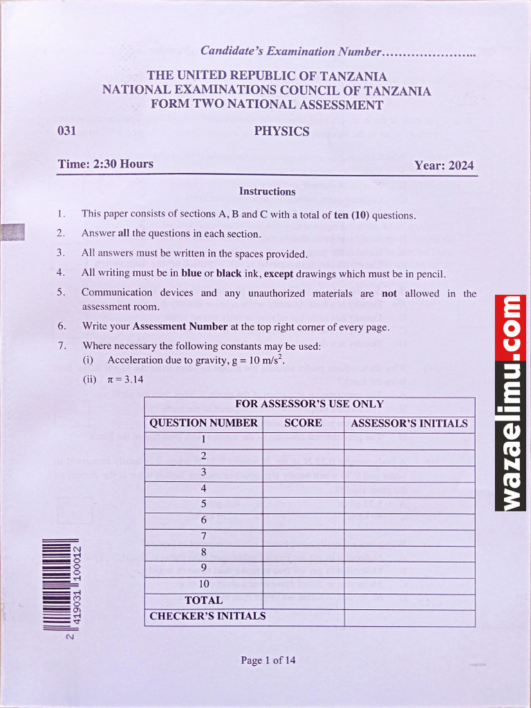 NECTA Form Two Physics Exam 2024 | PDF | Force | Thermometer