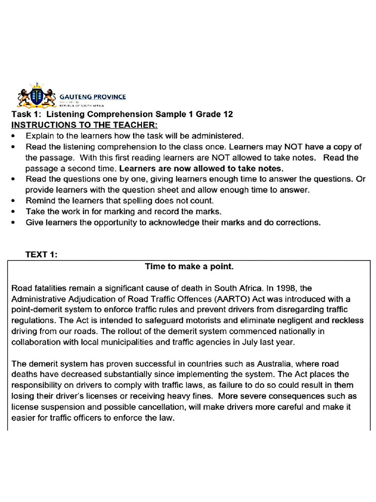 Listening Comprehension Sample 1 and 2 Term 1 Grade 12 | PDF