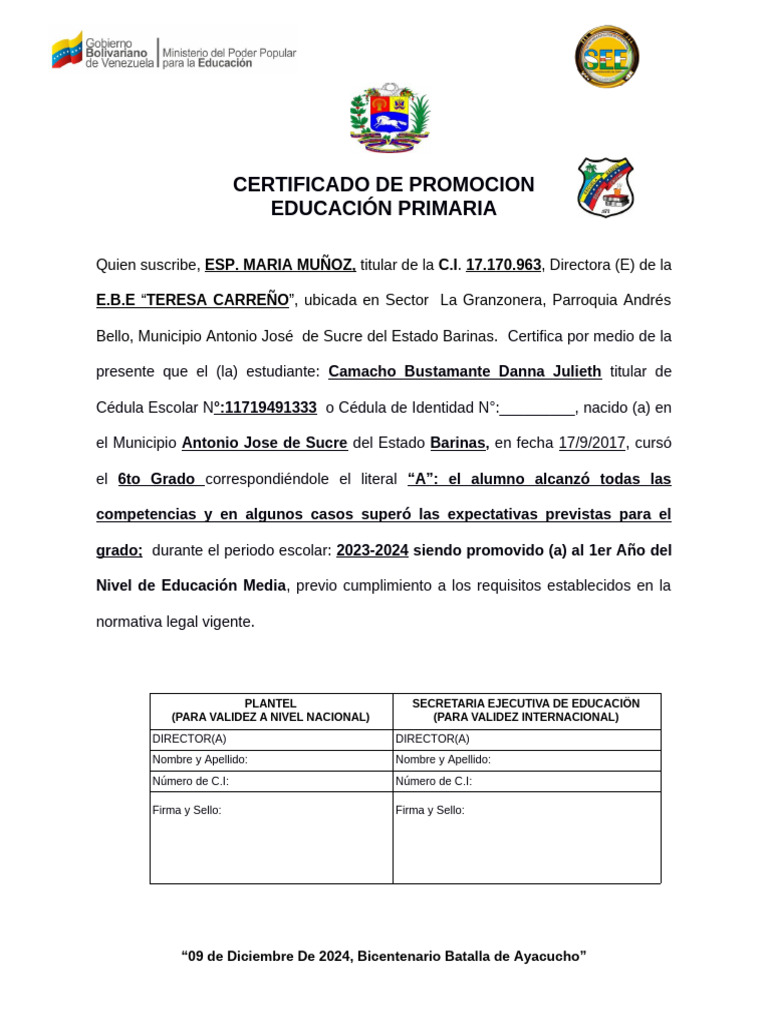 Certificado de Educación Primaria Promocion | PDF