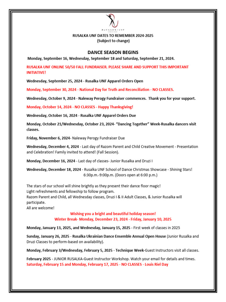 Dates To Remember 2024-2025-Rusalka UNF School of Dance | PDF ...