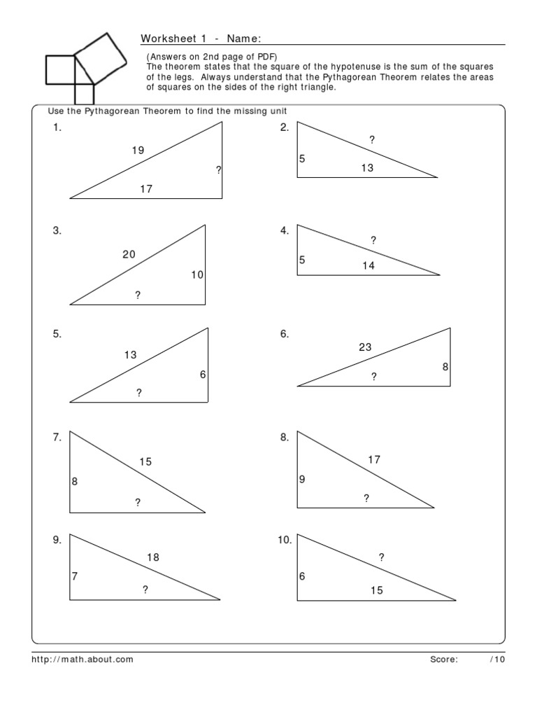 Worksheet 1 - Name:: Use The Pythagorean Theorem To Find The Missing ...
