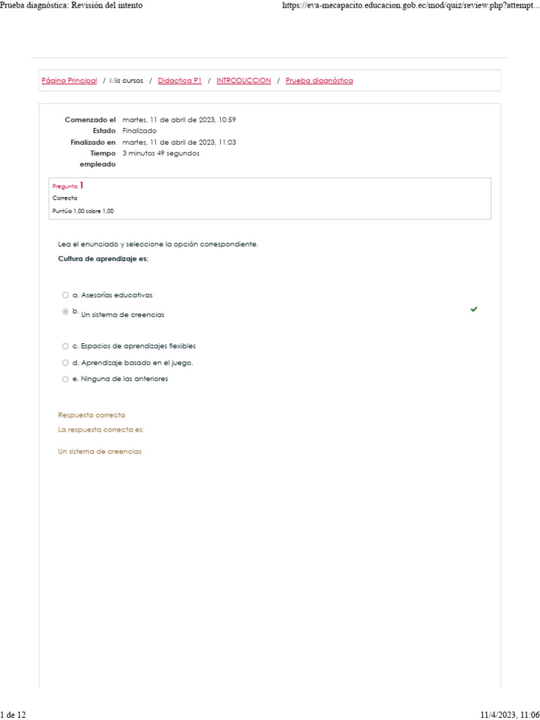 Prueba Diagnóstica Revisión Del Intento Comp Didact | PDF | Evaluación | Inteligencia