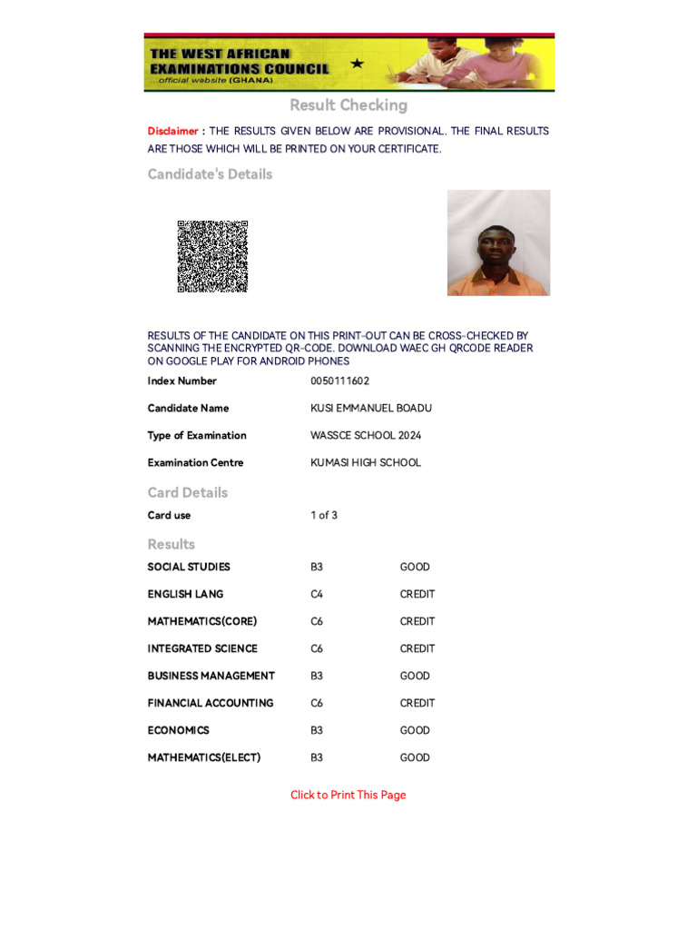 WASSCE 2024 Results for Kusi Emmanuel | PDF