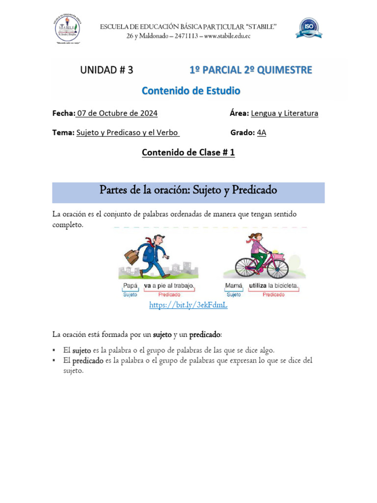 Sujeto, Predicado y Verbos 4A | PDF