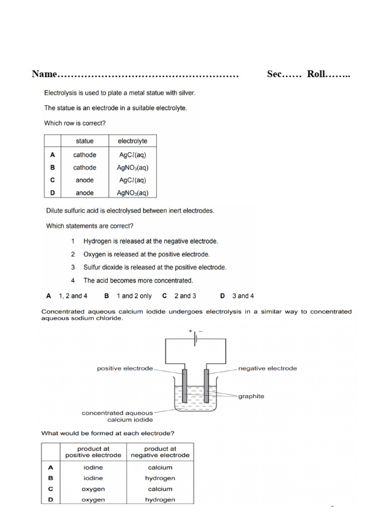 Electrolysis Chemistry Worksheet | PDF