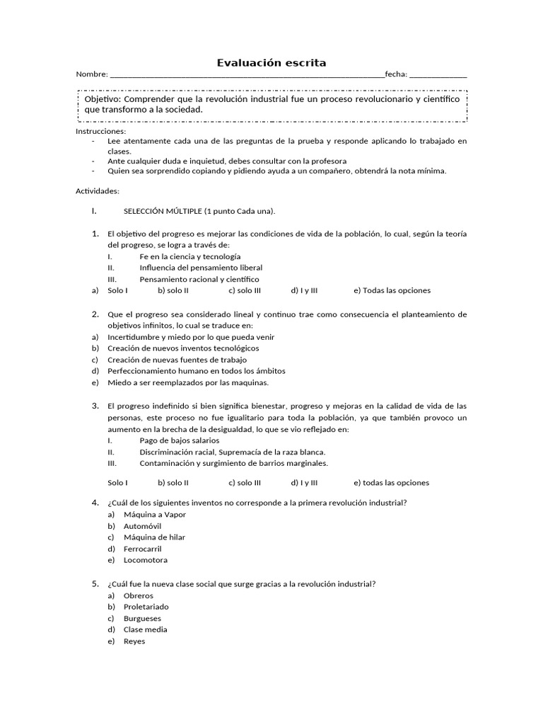 Evaluación sobre Revolución Industrial y Progreso | PDF ...
