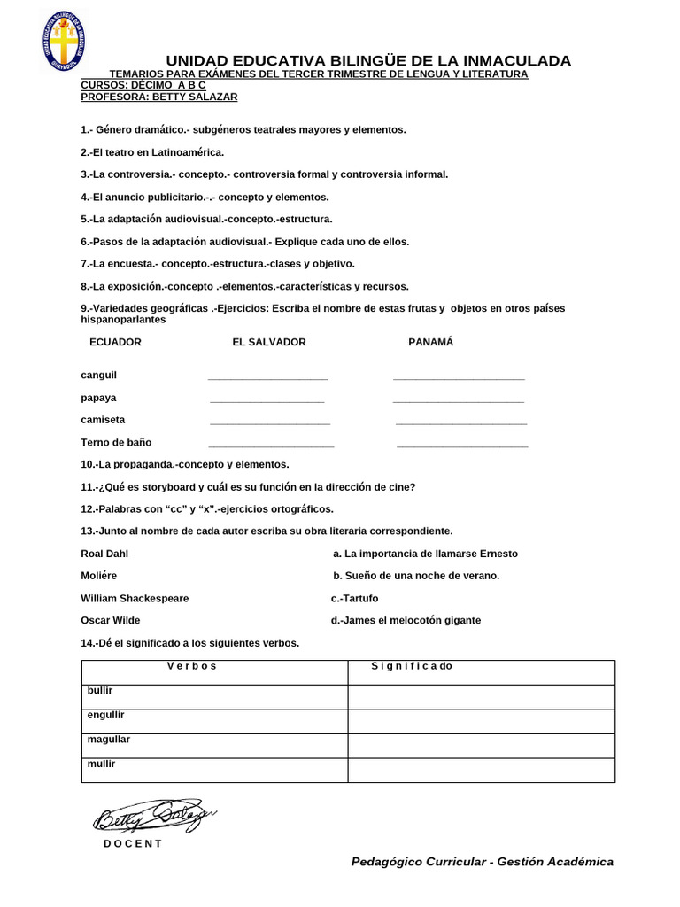 Temarios Examen Decimo | PDF