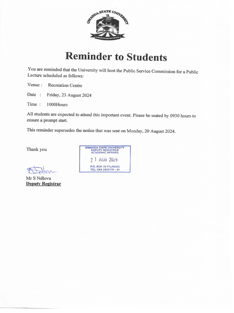 Reminder To Students | PDF