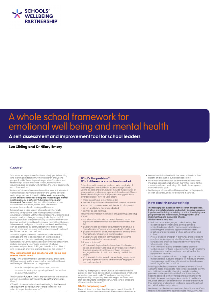 NCB School Wellbeing Framework Leaders Tool | PDF | Mental Health ...