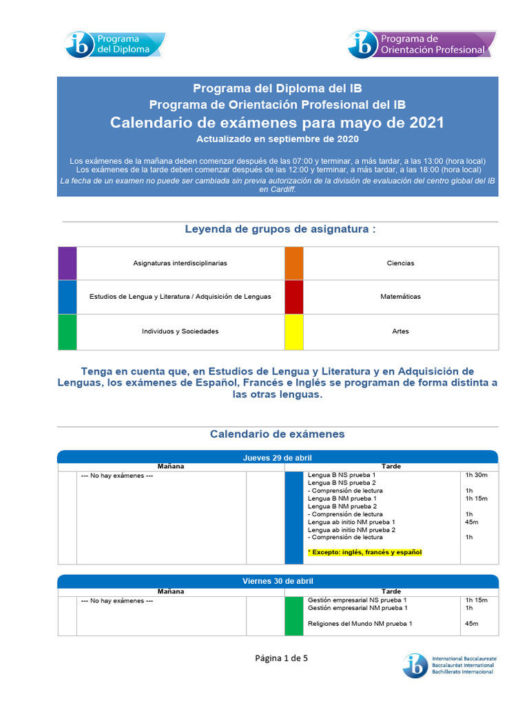 Calendario de Exámenes IB Mayo 2021 | PDF
