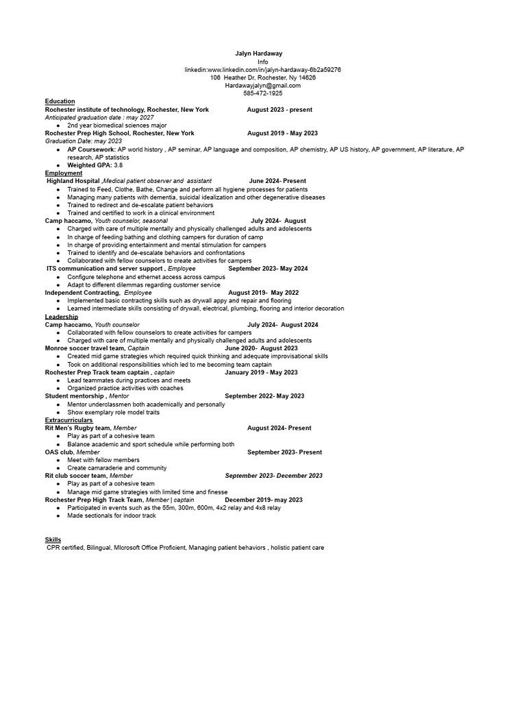_Jalyn Hardaway's Resume | PDF | Behavioural Sciences | Health Care