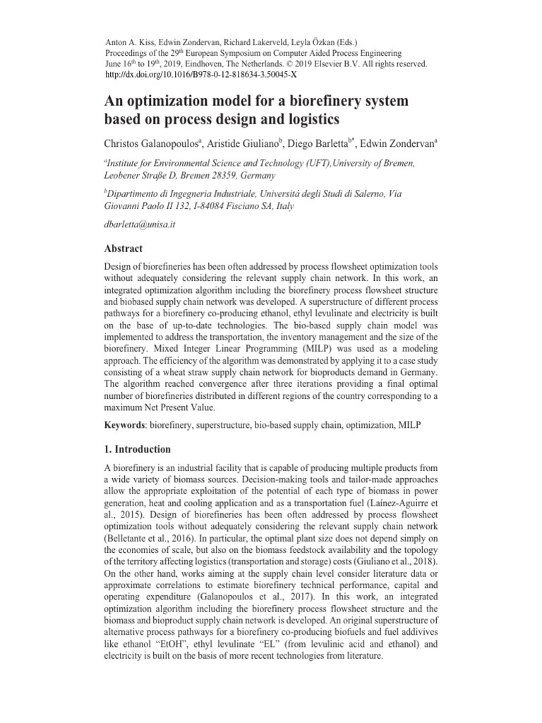 An Optimization Model For A Biorefinery System Based On Process Design and Logistics2019 | PDF ...