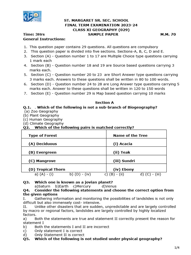 FINAL TERM XI GEOG Sample Paper 2023 24 7 1 | PDF | Physical Geography ...