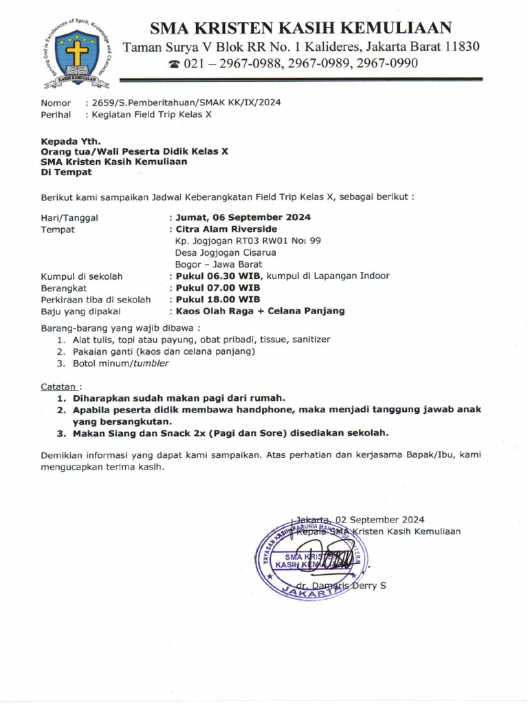 2659 Surat Pemberitahuan Field Trip 2024 | PDF