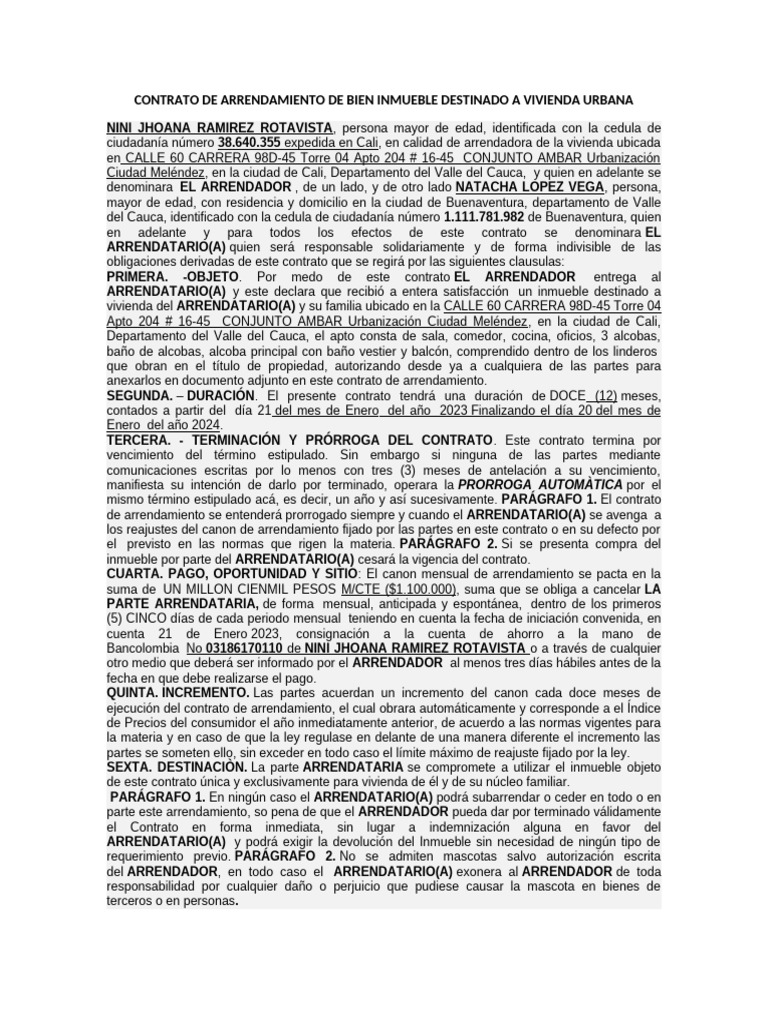 Contrato de Arrendamiento de Bien Inmueble Destinado A Vivienda Urbana | PDF | Pagos