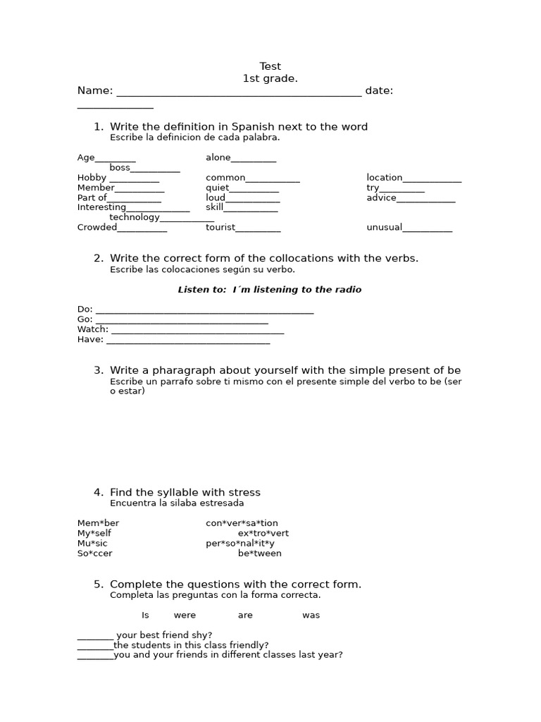 1st Grade Spanish Vocabulary Test | PDF | Linguistic Morphology | Grammar
