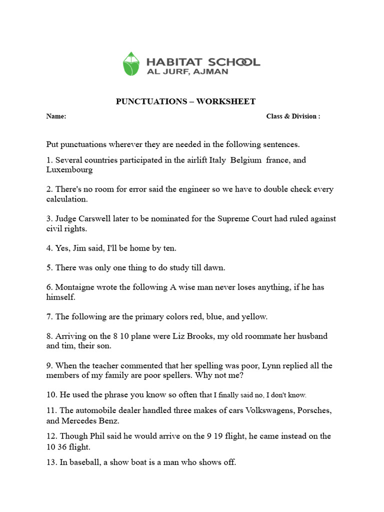 Punctuation Worksheet for Students | PDF