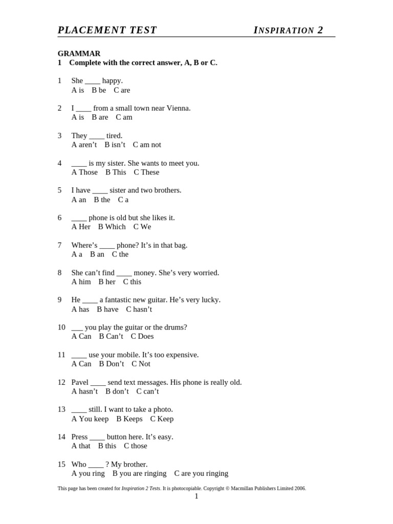 Placement Test Inspiration Level 2 | PDF
