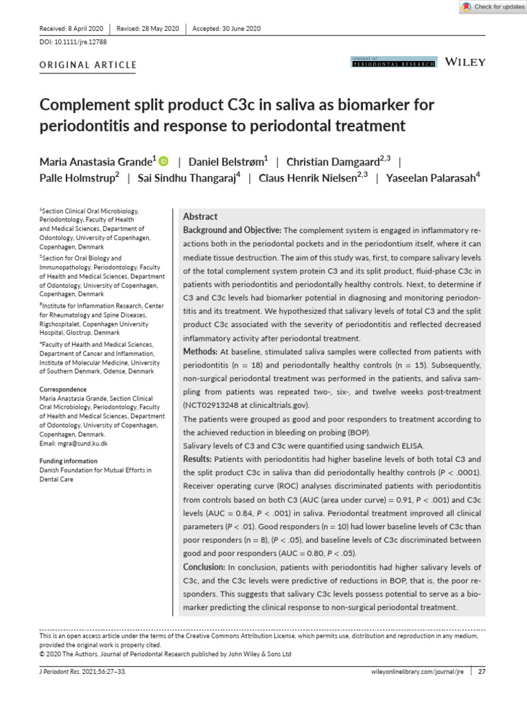 J of Periodontal Research - 2020 - Grande - Complement Split Product C3c in Saliva As Biomarker ...