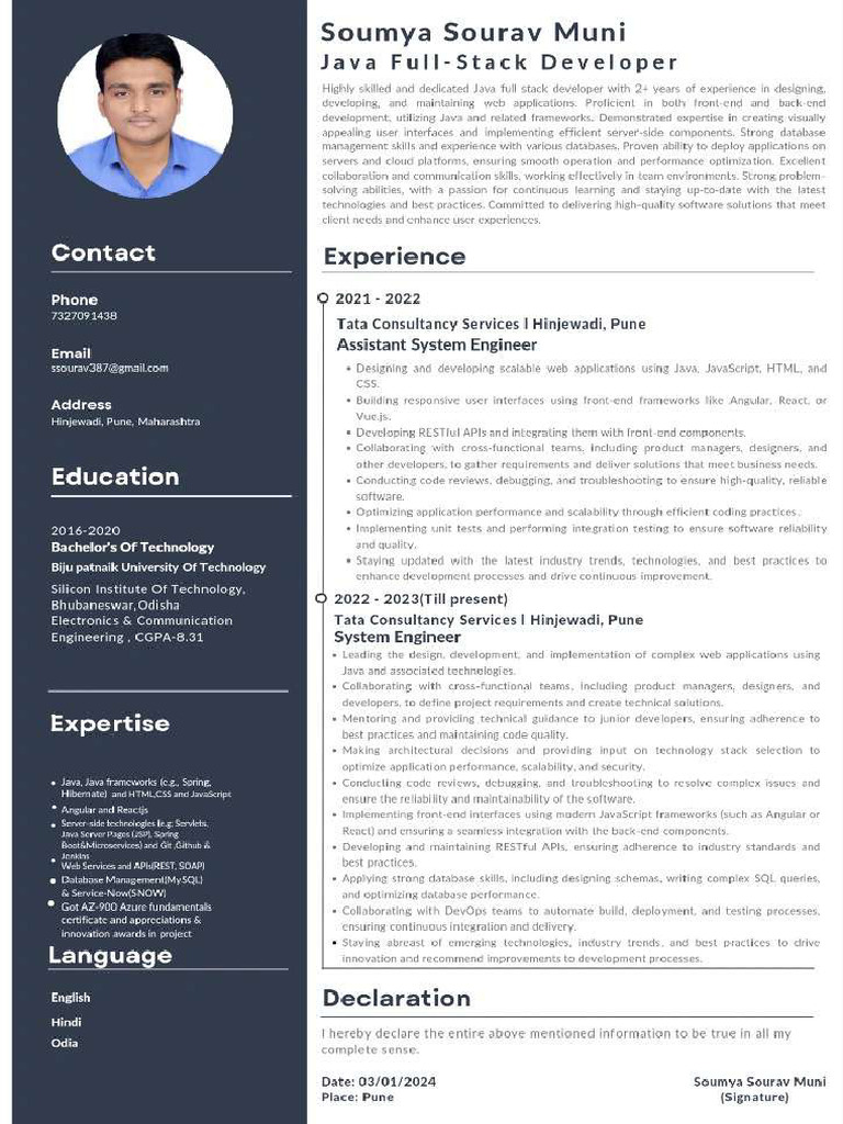 Java+Full+Stack+Developer Resume Soumya+Sourav+Muni | PDF