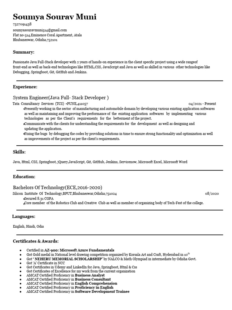 Soumya Sourav Muni_Resume_Java_fullstack_Developer_2yrs_Exp (1) | PDF | Java (Programming ...