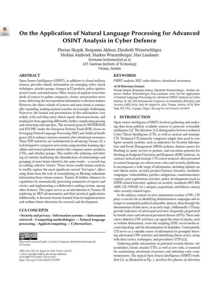 Onthe Application of Natural Language Processing For Advanced OSINT Analysis in Cyber Defence ...