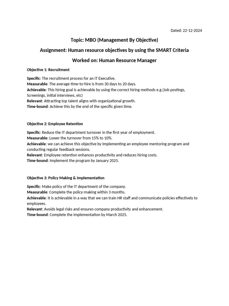 Topic: MBO (Management by Objective) Assignment: Human Resource ...