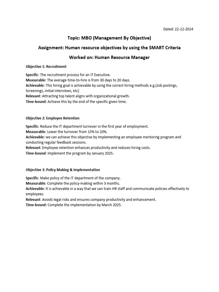 Topic: MBO (Management by Objective) Assignment: Human Resource ...