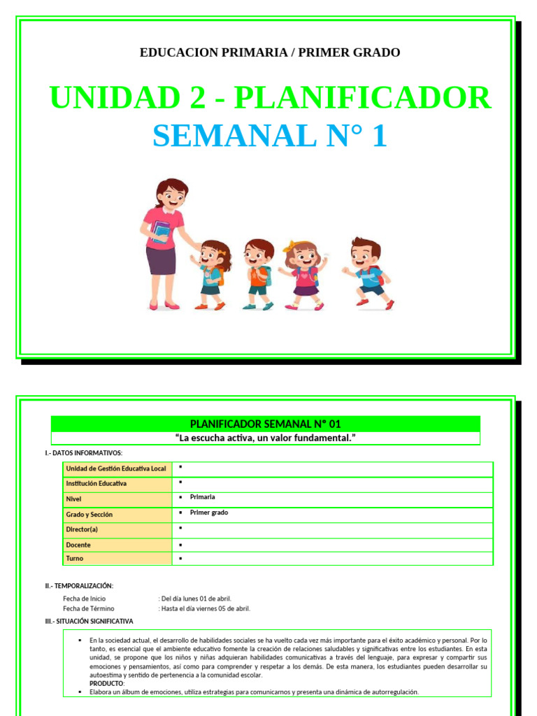 Planificador Semanal Primer Grado | PDF | Aprendizaje | Educación primaria