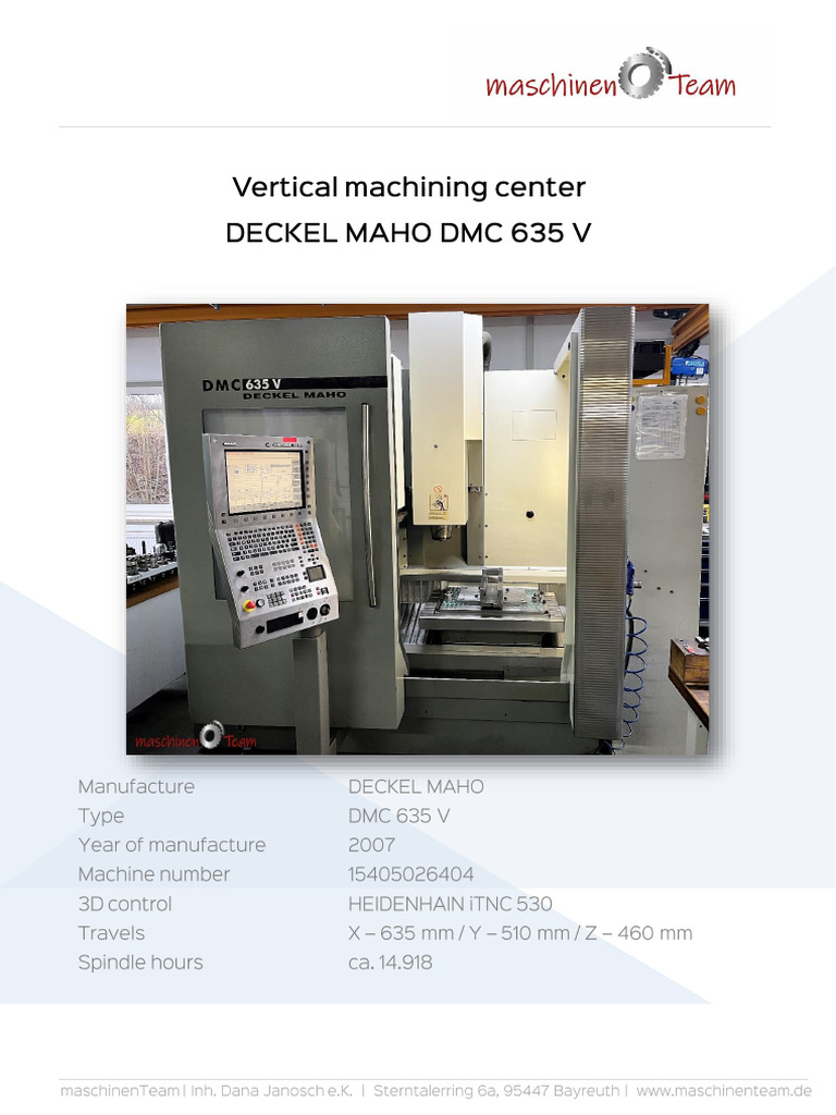 DECKEL MAHO DMC 635 V Equipment Technical Data Installation Transport Illustration Content Data ...