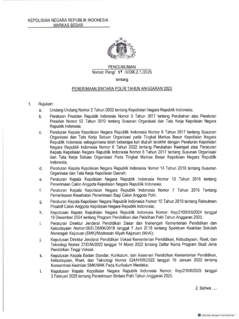 Pengumuman Bintara Polri Tahun Anggaran 2025 (1) | PDF