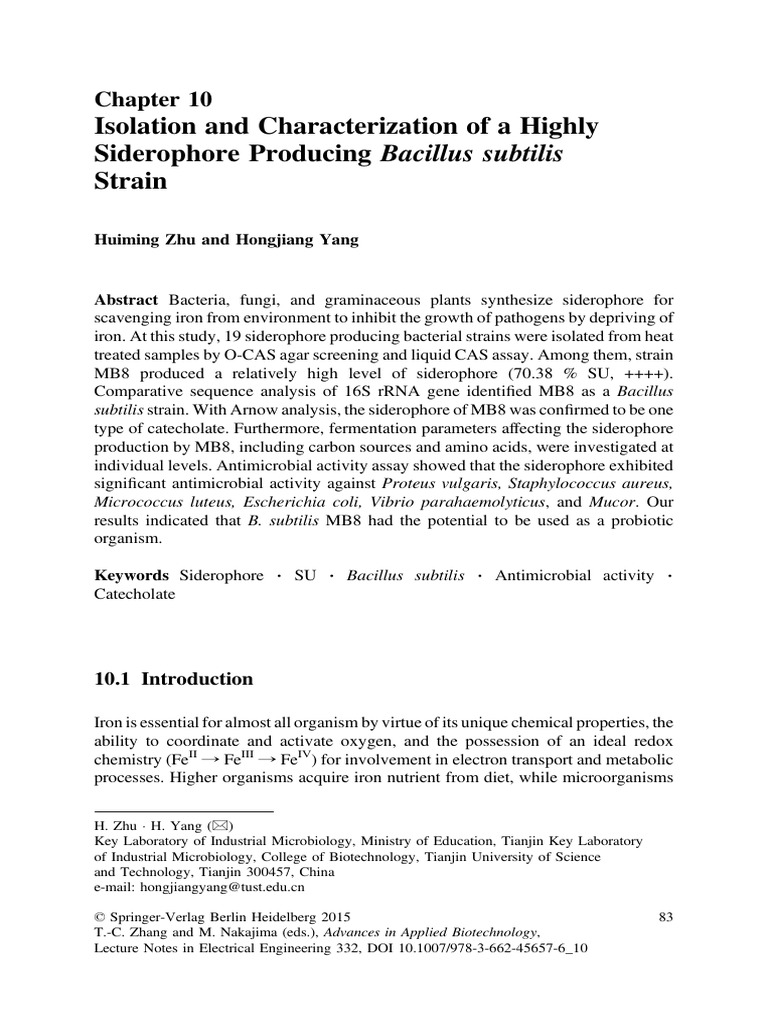011 Chapter 10 Isolation And Characterization Of A Highly Siderophore Producing Bacillus